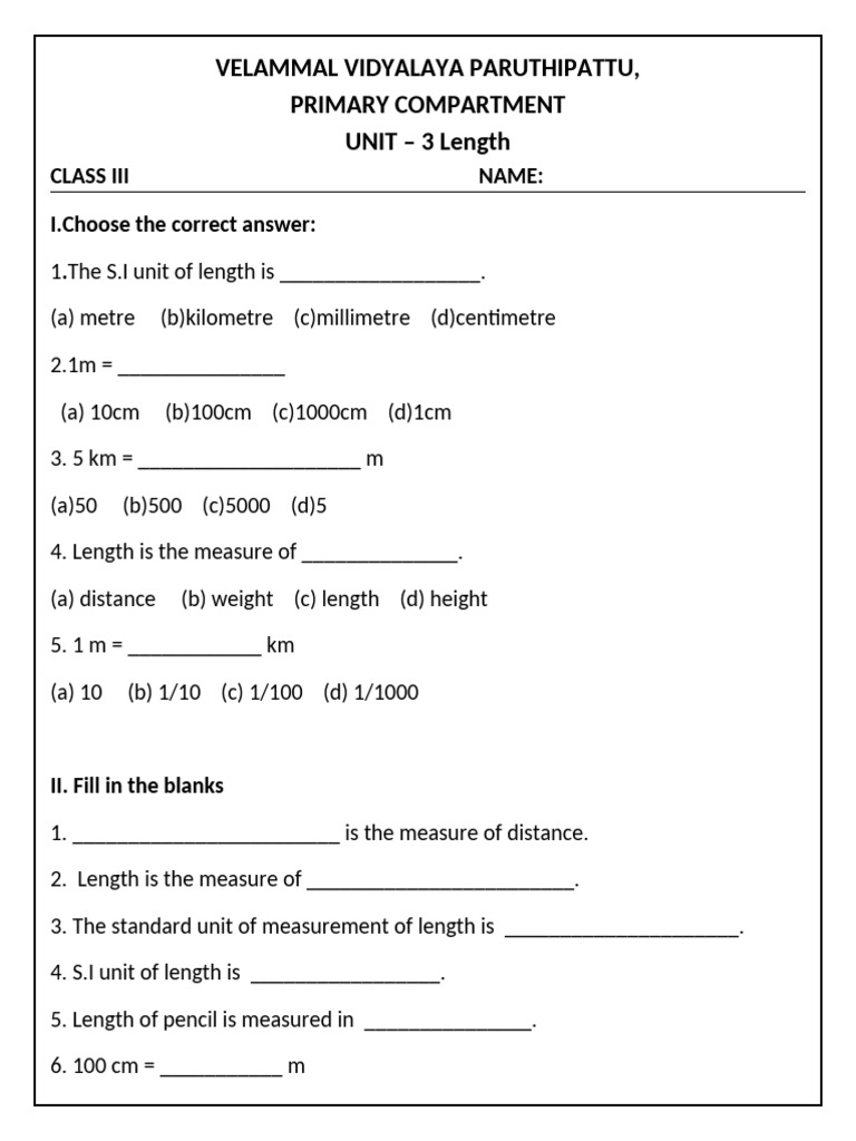 STD 3 Unit 4 Length Worksheet | PDF | Length | International System Of ...