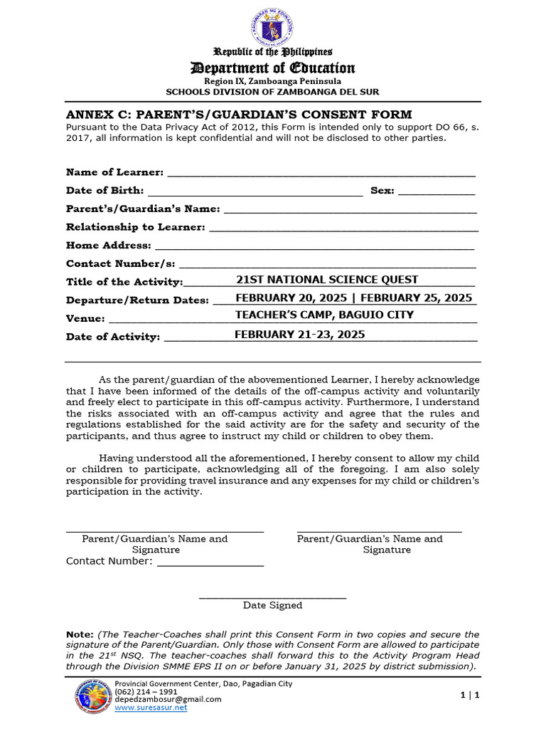Annex C - Parents Consent Form - 21st NSQ Baguio City | PDF | Social ...