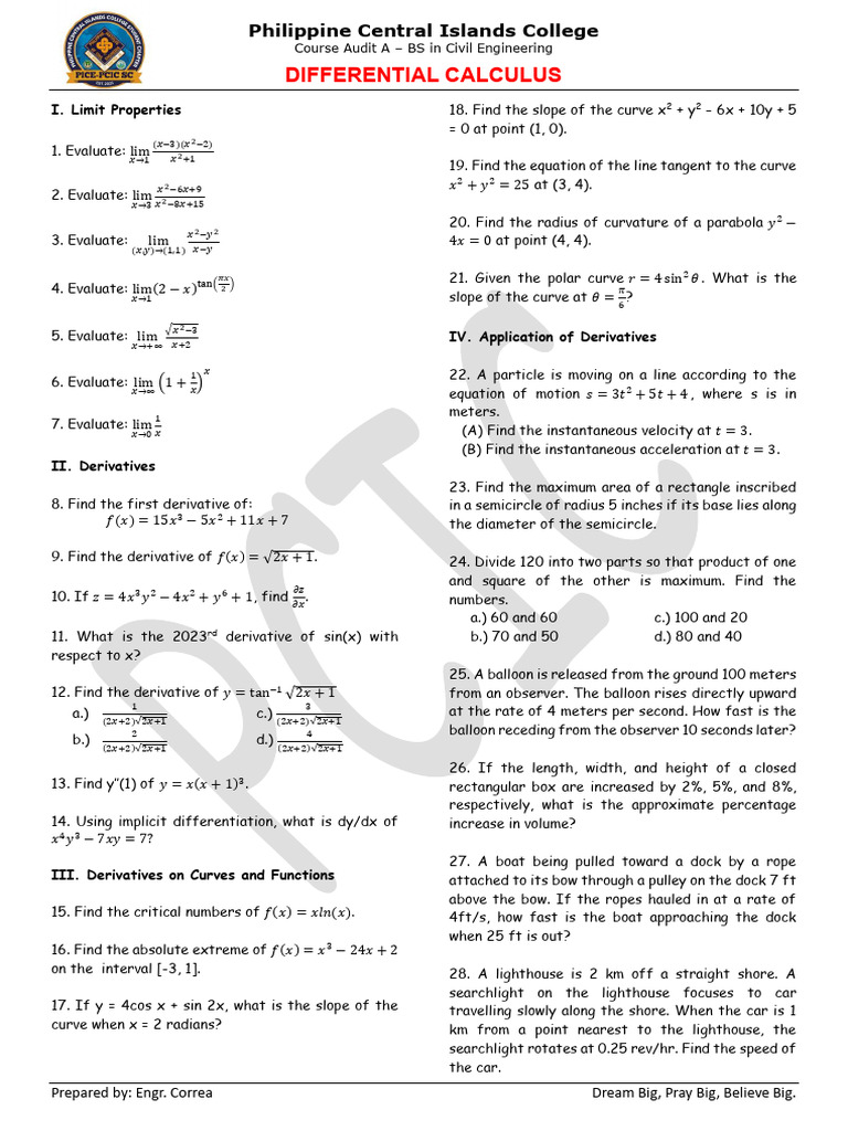 Differential Calculus Exercises | PDF | Slope | Derivative