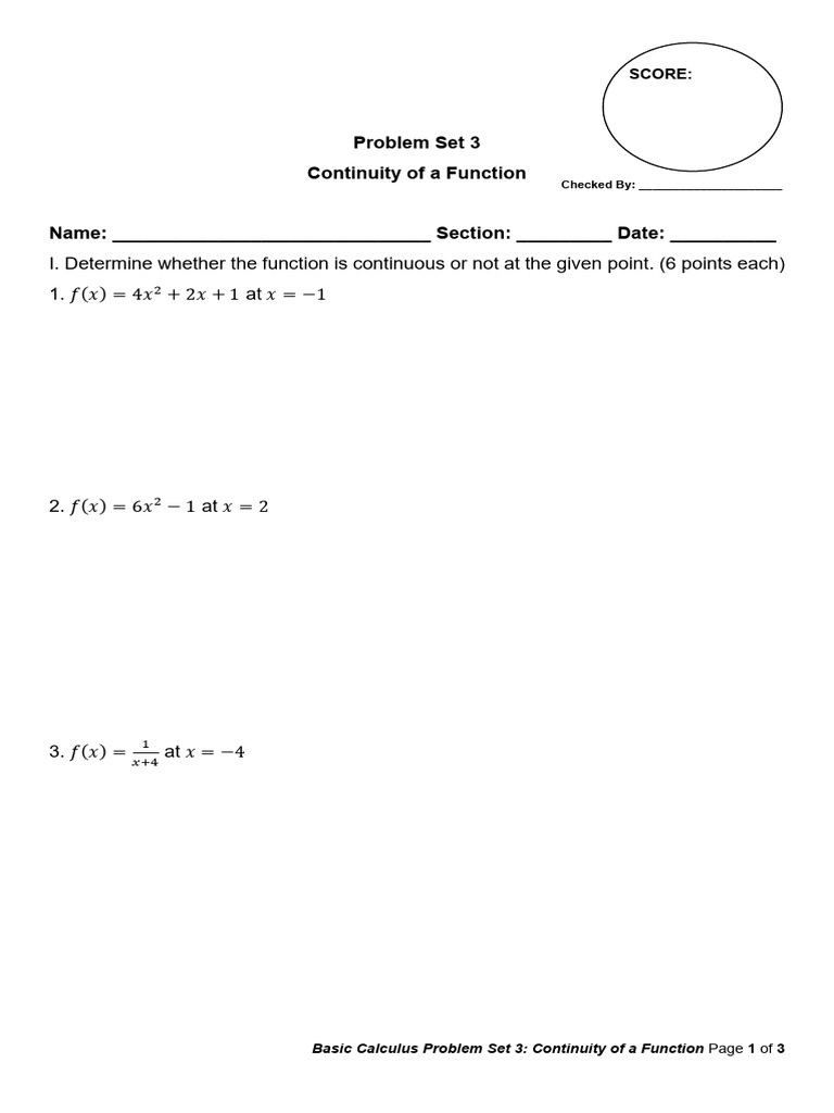 W3Q3 Problem Set 3 Continuity of A Function | PDF