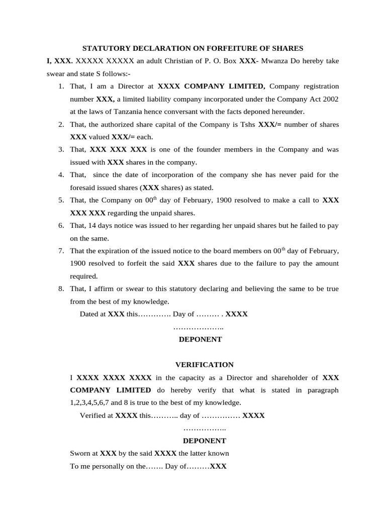 Forfeiture of Shares Declaration in Tanzania | PDF