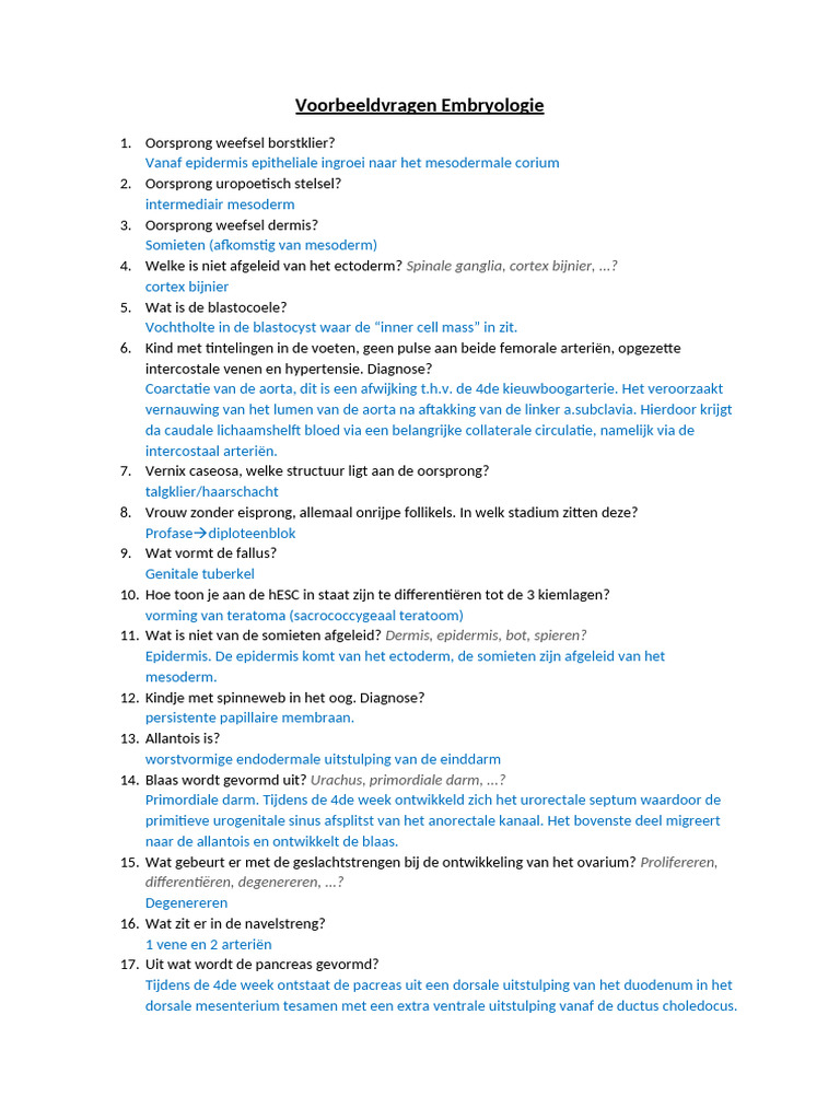 Voorbeeldvragen Embryologie | PDF