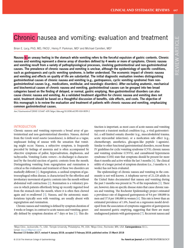 Chronic Nausea and Vomiting Overview | PDF | Nausea | Vomiting