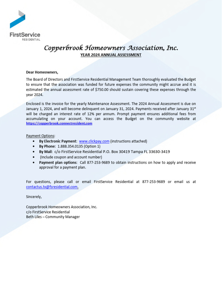 2024 Copperbrook Assessment Letter | PDF