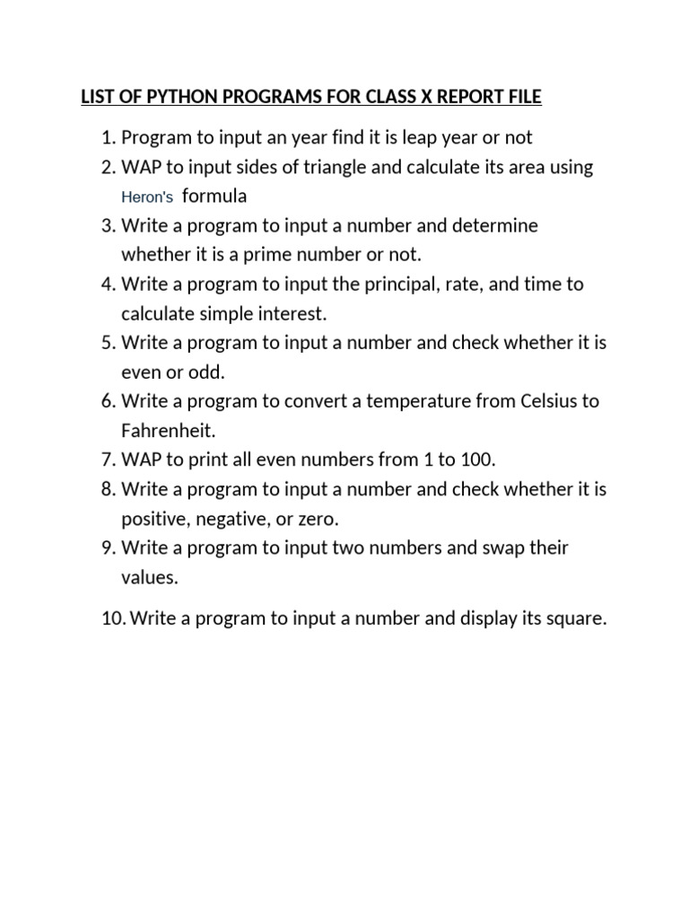 List of Python Programs for Class x Report File | PDF