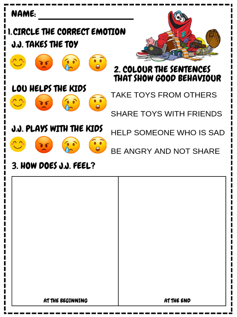 Name: Circle The Correct Emotion 1. J.J. Takes The Toy 2. Colour The ...