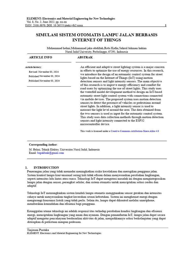 Simulasi Sistem Otomatis Lampu Jalan Berbasis Internet of Things | PDF