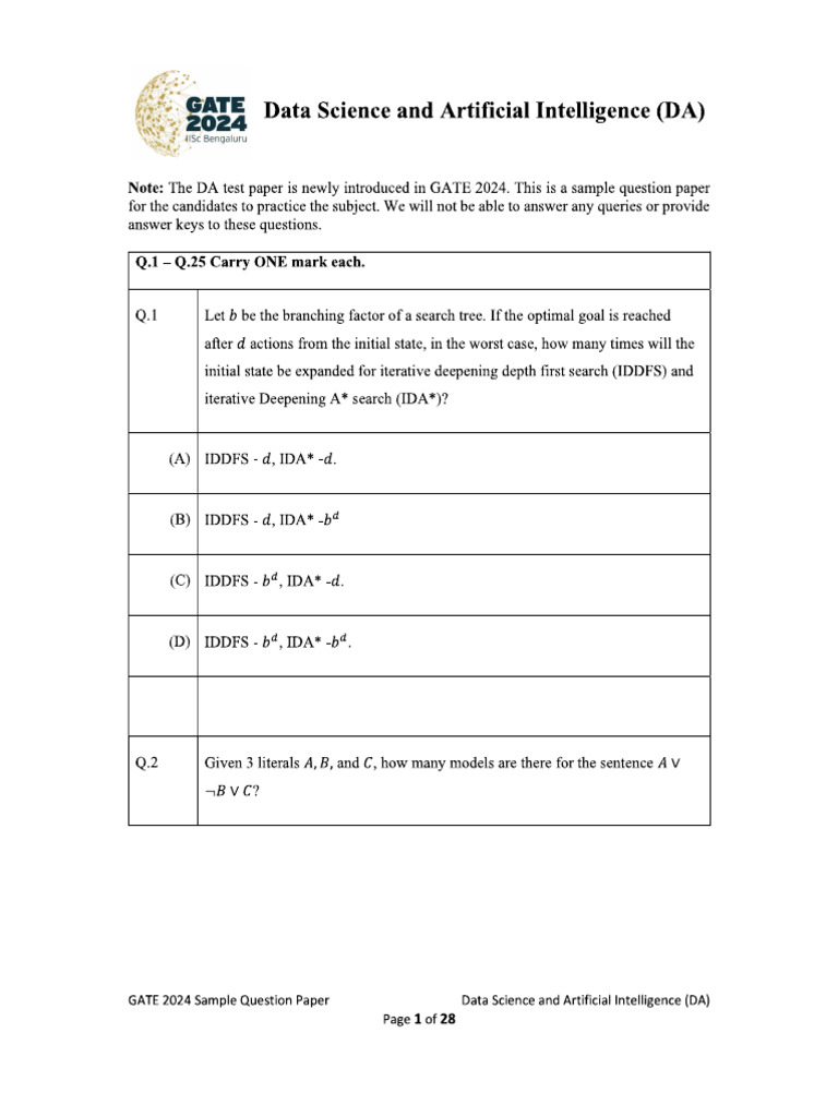 DSAI GATE Sample Question Paper | PDF