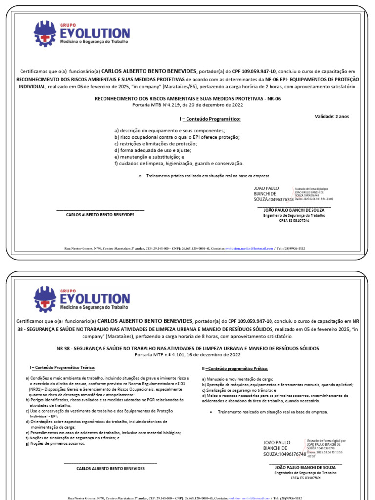 Certificado de Capacitação em NR-06 e NR-38 | PDF | Desperdício