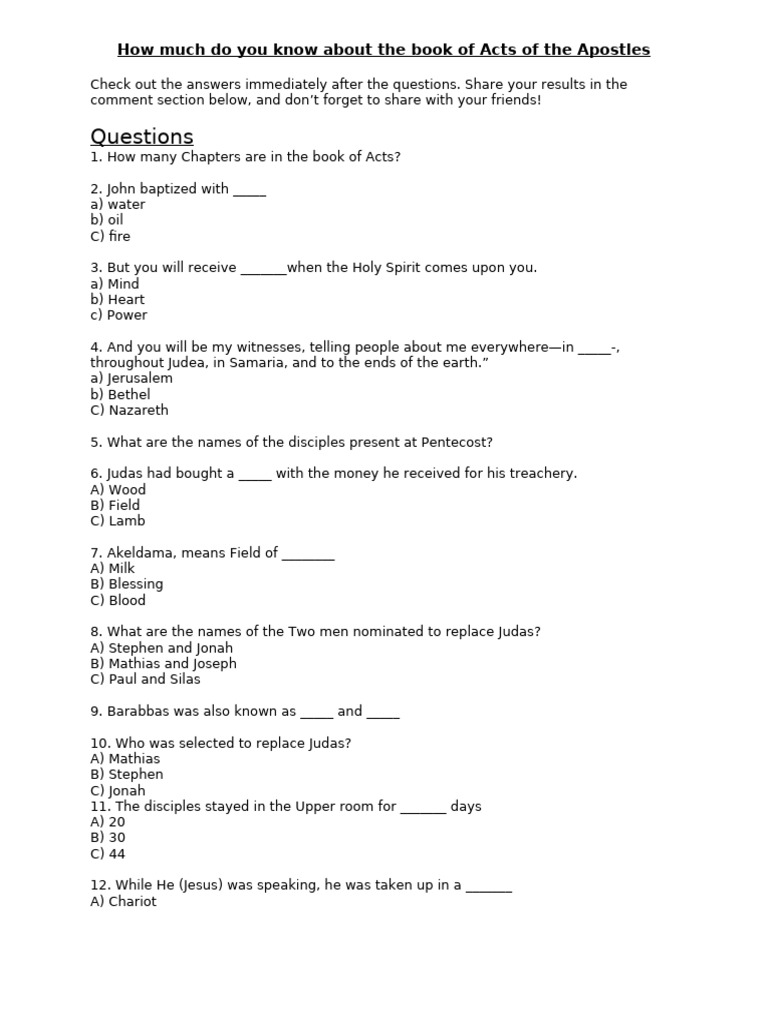 Bible Quiz: Acts of the Apostles | PDF | Paul The Apostle | Jesus