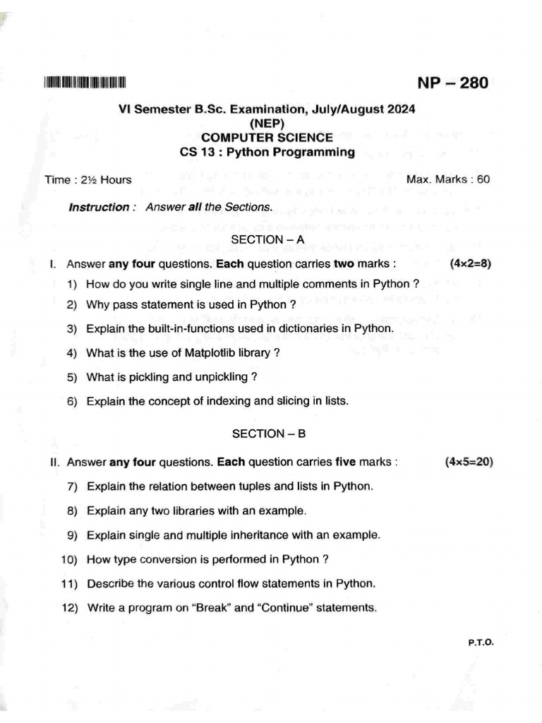 Python Programming 2024 QP (BU) | PDF