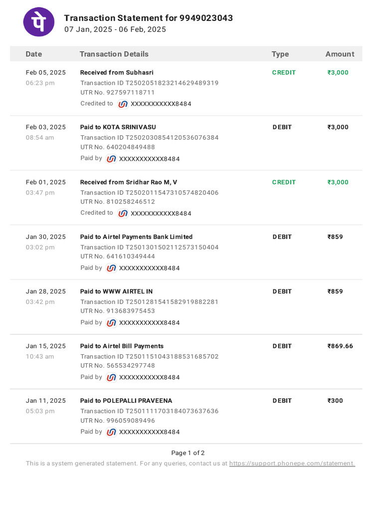 PhonePe Statement Jan2025 Feb2025 | PDF | Debit Card | Service Industries