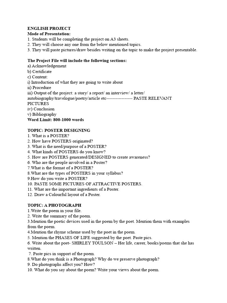 English Project Class XI | PDF | Poetry | Poster