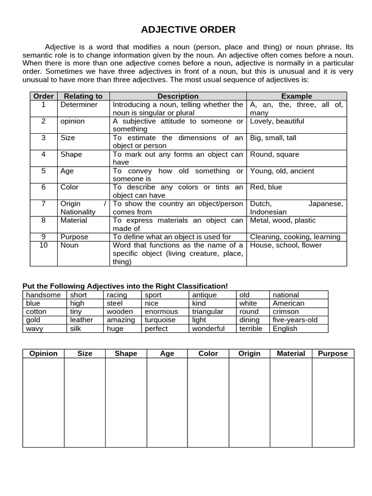 ADJECTIVE ORDER | PDF | Adjective | Noun