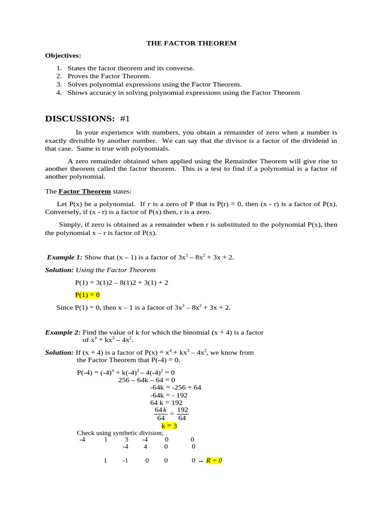 The Factor Theorem | PDF | Factorization | Polynomial