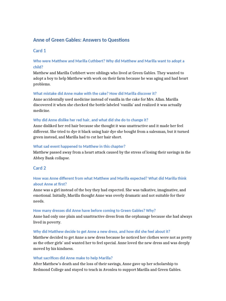 Anne of Green Gables Q&A Guide | PDF | Anne Of Green Gables