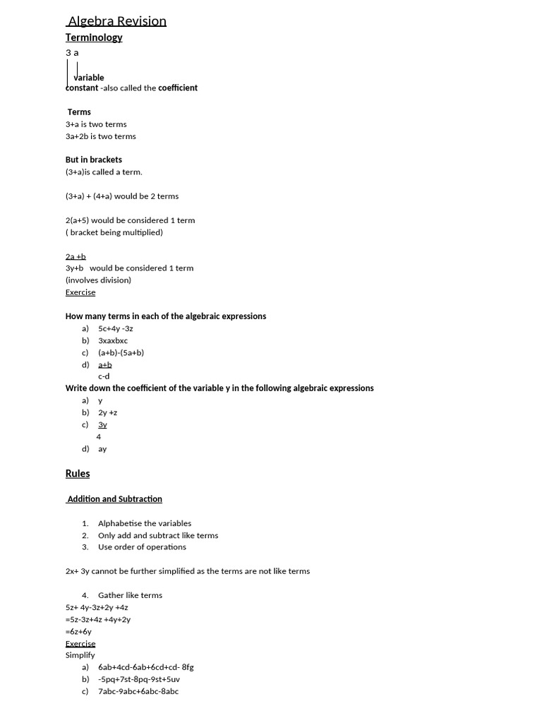 Algebra Revision Grade 8 | PDF