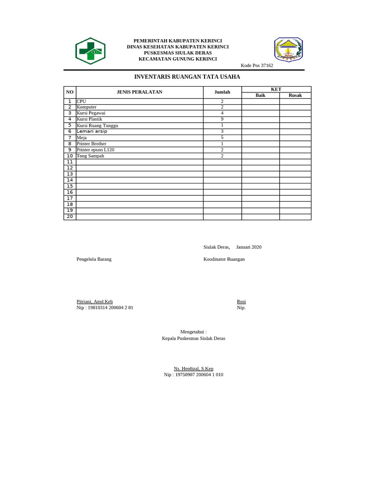 Inventaris Ruangan Adminitrasi | PDF