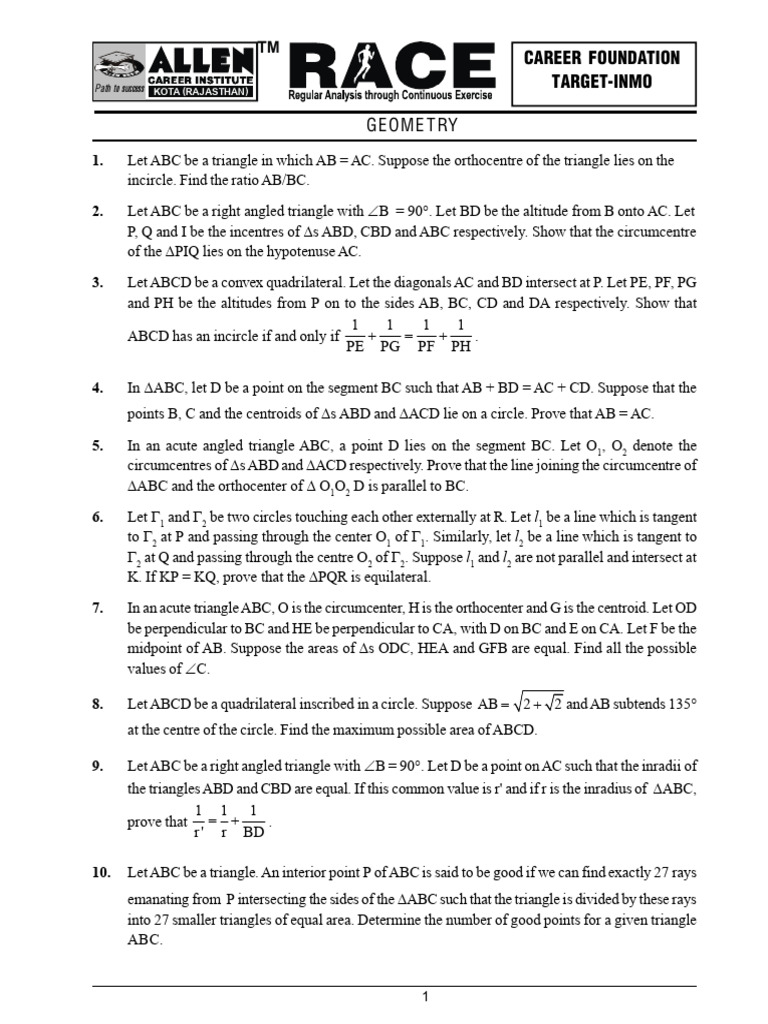 Geometry Problems for RMO/INMO Preparation | PDF | Triangle | Geometric ...