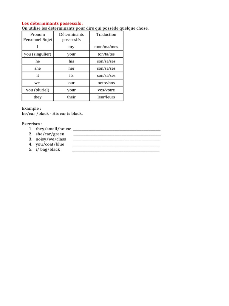 Les déterminants possessifs lesson | PDF