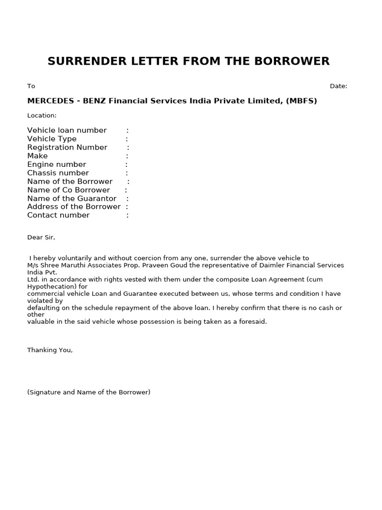 Vehicle Surrender Letter Template | PDF