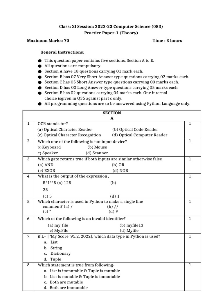 Class XI Computer Science Practice Paper | PDF | Security Hacker | Optical Character Recognition