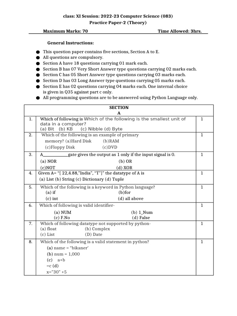 Class XI Practise Papers2 | PDF | Integer (Computer Science) | Computer Engineering