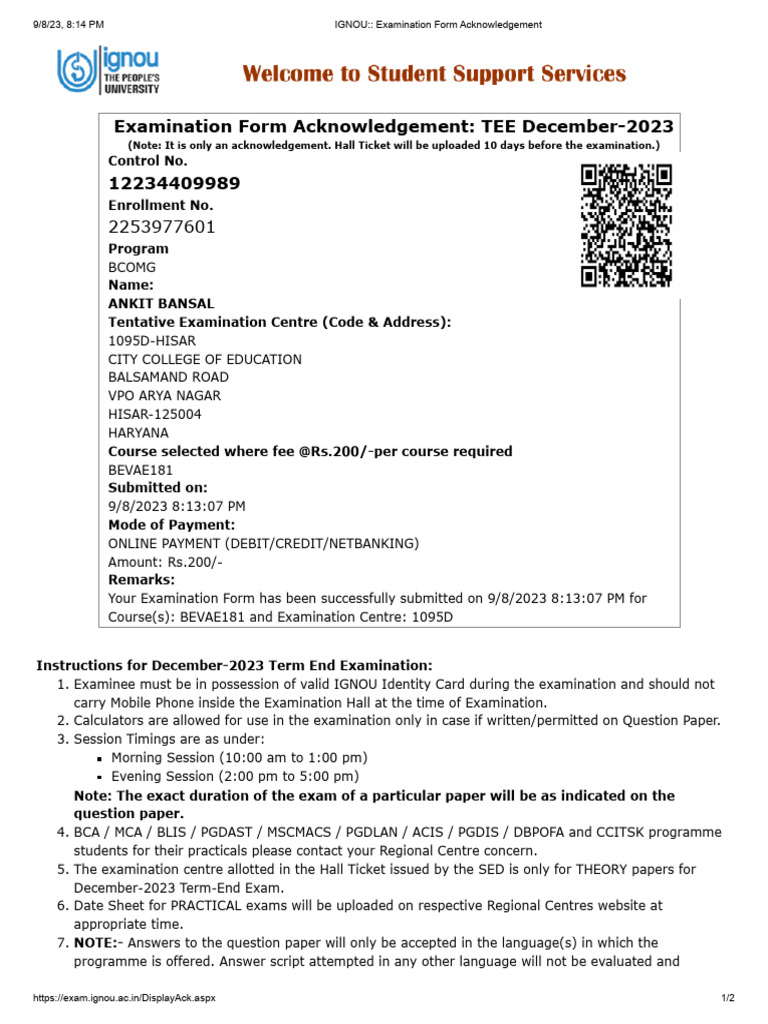 IGNOU - Examination Form Acknowledgement Dec 2023 | PDF | Banking ...