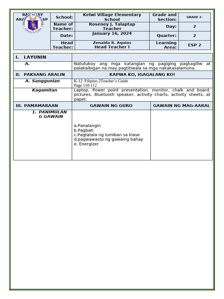 Esp-2nd Quarter - Week 1-DLP | PDF