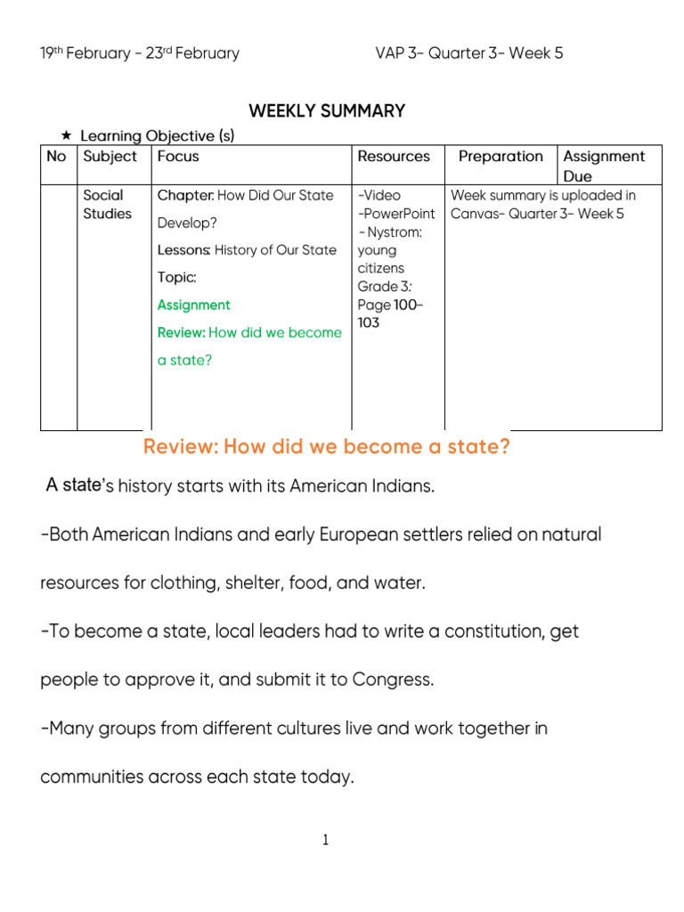 Social Studies 3 - Quarter 3 - Week 5 - Weekly Summary | PDF