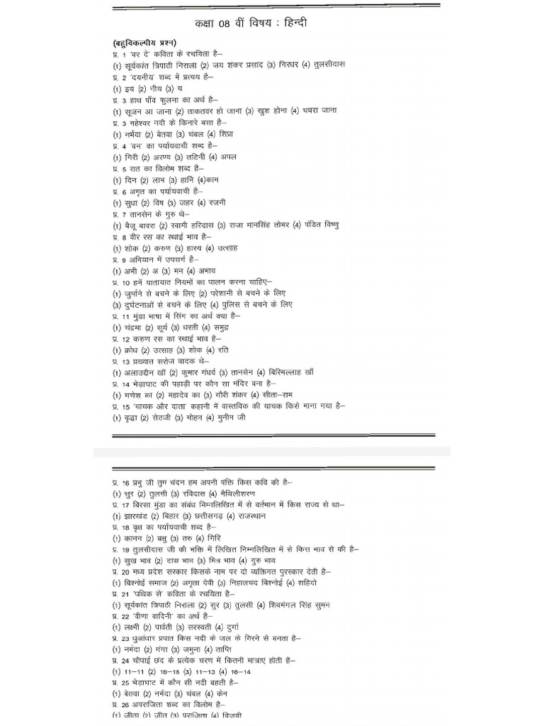 Class 8th Hindi Important Questions | PDF