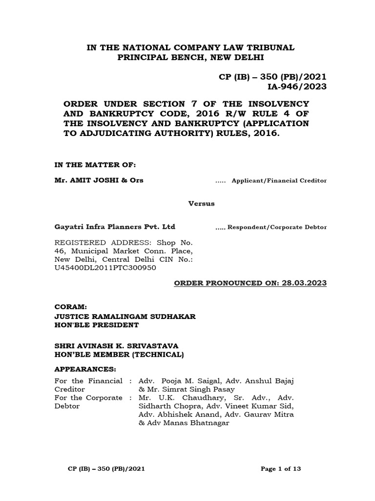 CIRP Order Gayatri Infra 28.03.2023 1 | PDF | Bankruptcy | Debtor