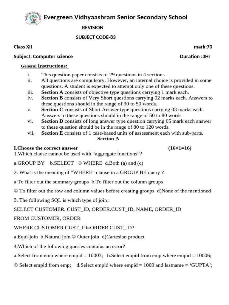Class XII Computer Science Revision Paper | PDF | Security Hacker ...