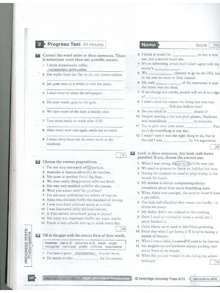 f2f Progress Test 2 | PDF