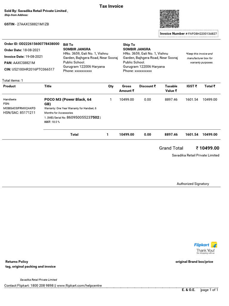 Invoice for POCO M3 Purchase | PDF | Government Finances | Taxes