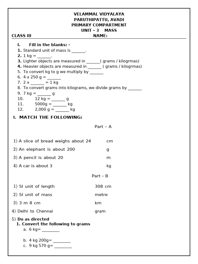 Std 3mass - Worksheet Unit 4 | PDF | Kilogram | Physical Quantities
