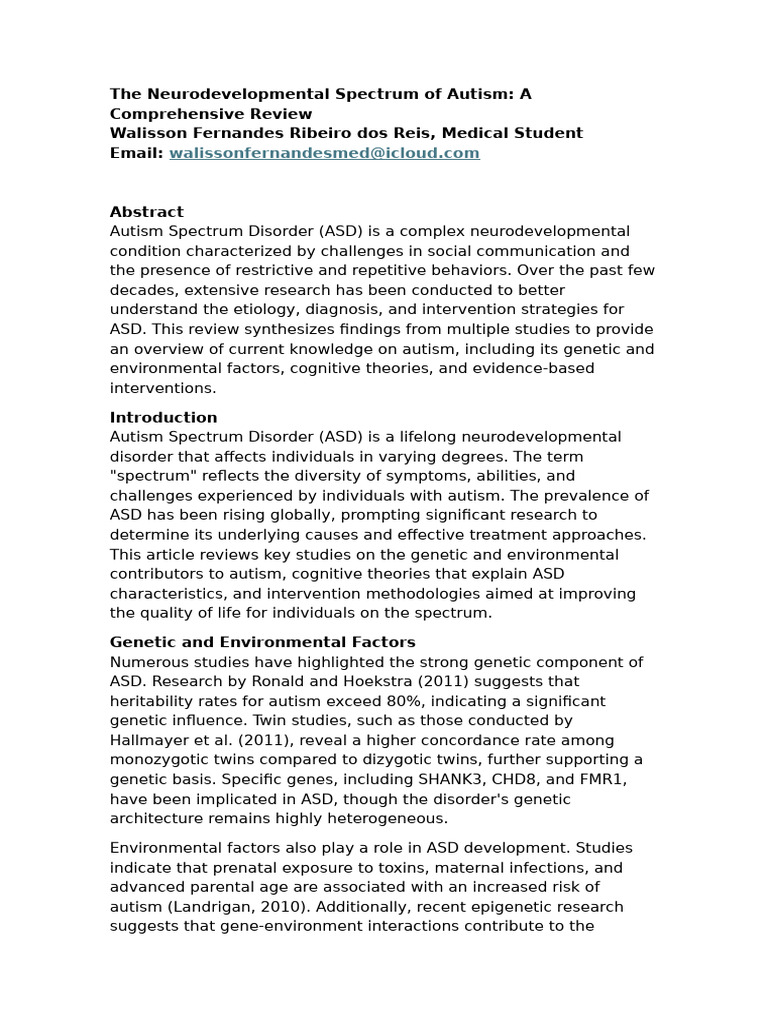 The Neurodevelopmental Spectrum of Autism A Comprehensive | PDF ...