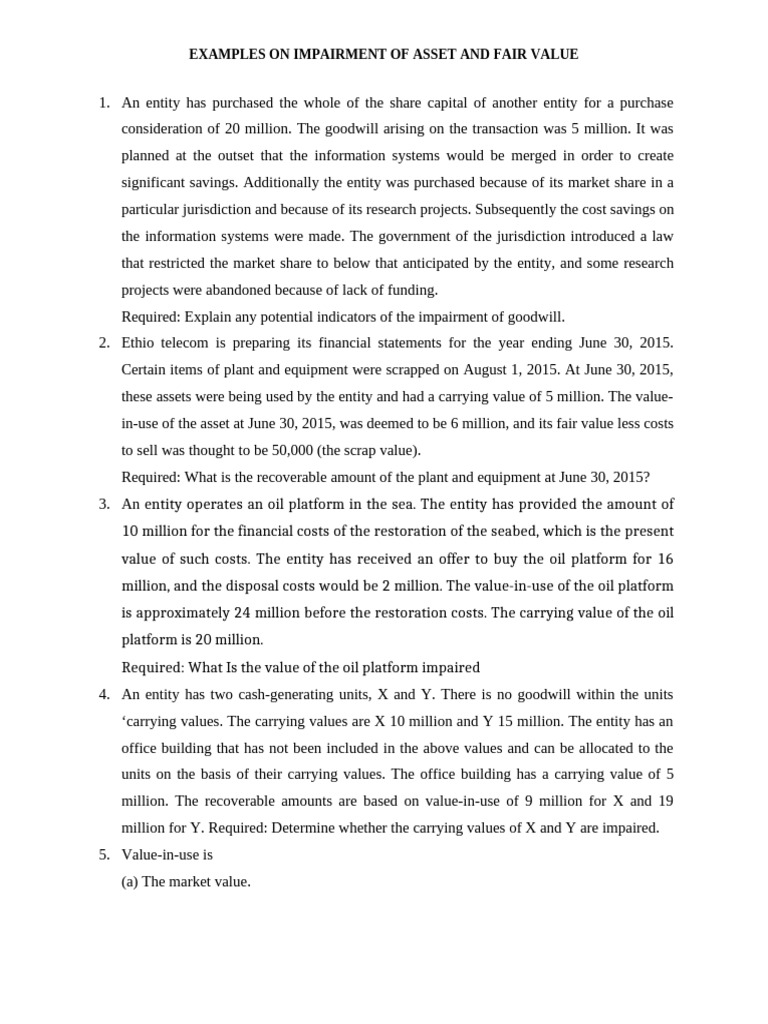 Asset Impairment & Fair Value Examples | PDF | Book Value | Goodwill ...