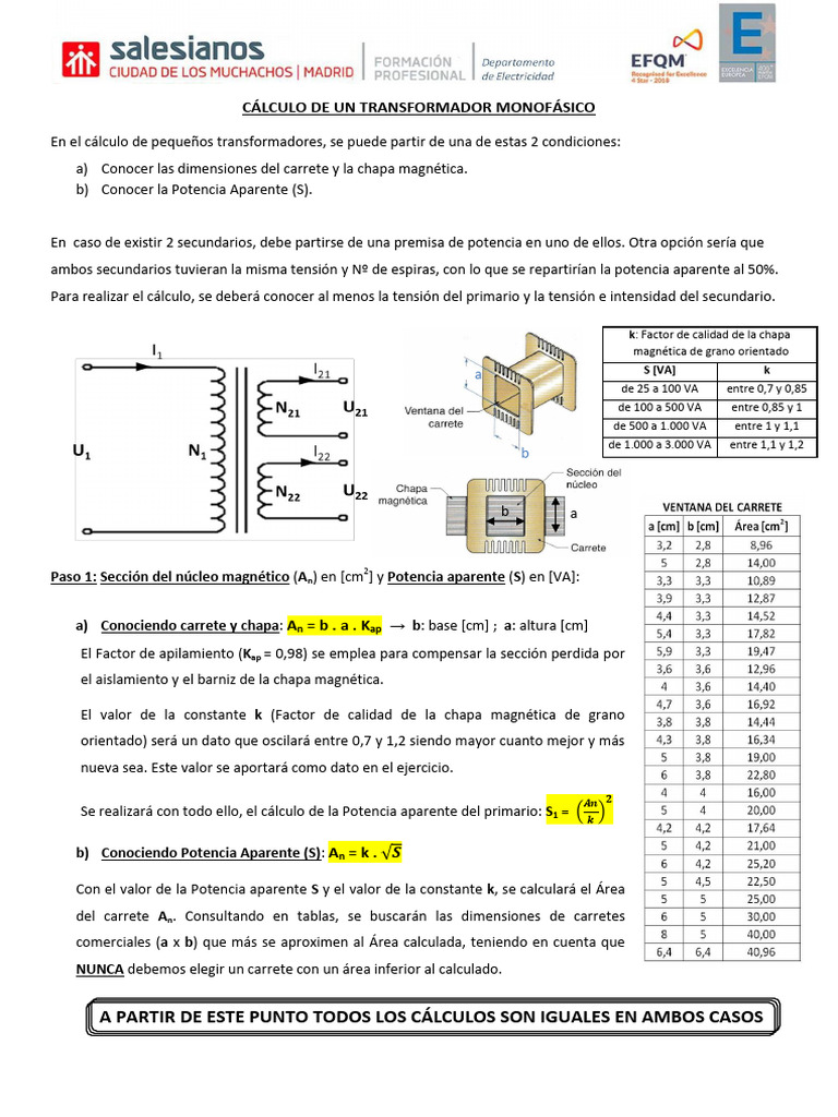 Cálculo de Transformador Monofásico | PDF | Transformador | Energia electrica