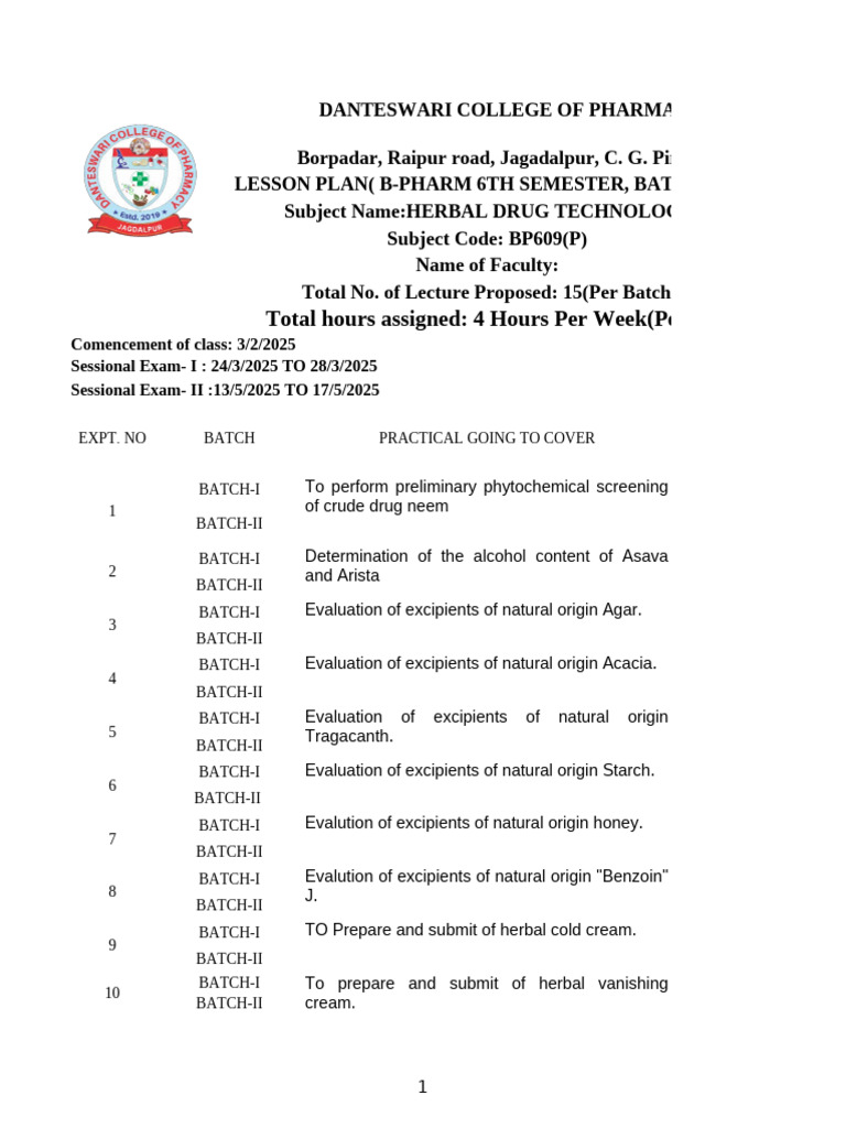Herbal Drug Technology Practical Plan | PDF | Pharmaceutical Sciences ...