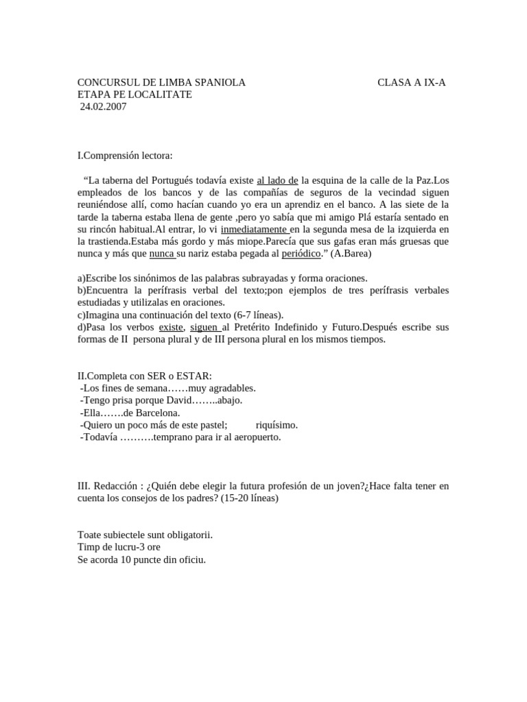 Concursul de Limba Spaniola Clasa A Ix | PDF