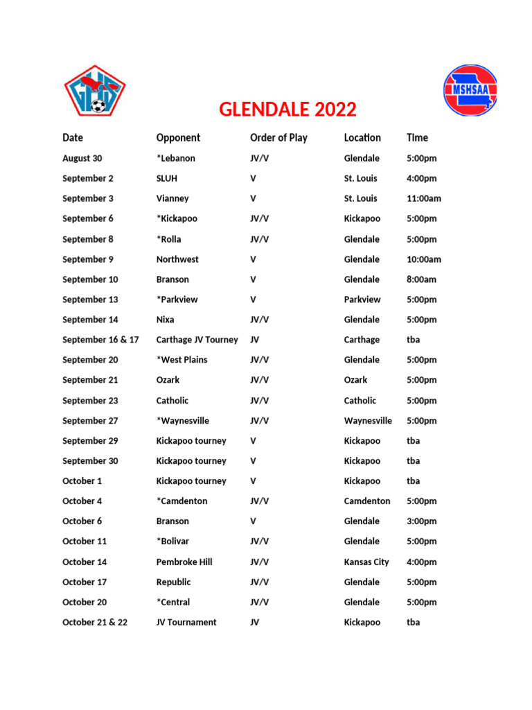 Glendale 2022 Sports Schedule | PDF