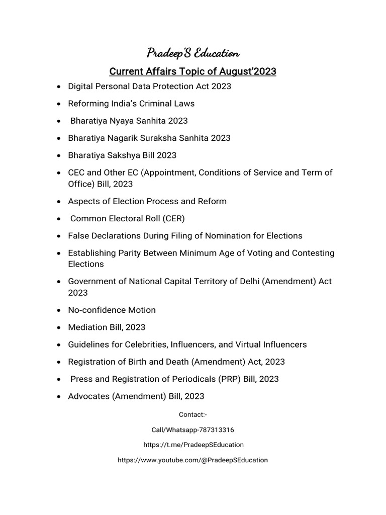 Current Affairs Topics August'23 | PDF