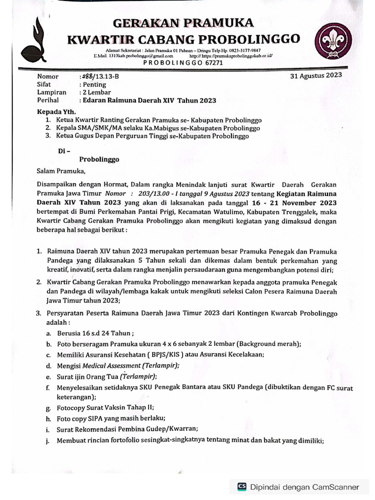 Srt. Seleksi RAIDA KONCAB PROB 2023 | PDF