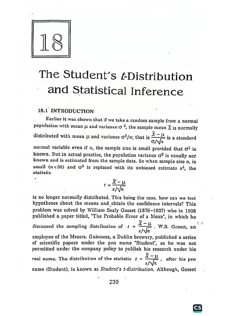 Chapter 18 The Students T-Distribution and Statistical Inference | PDF