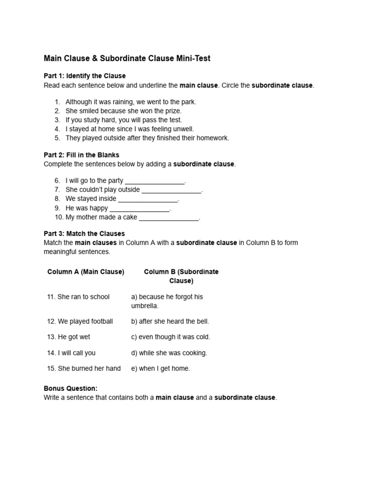 Main and Subordinate Clause Exercises | PDF