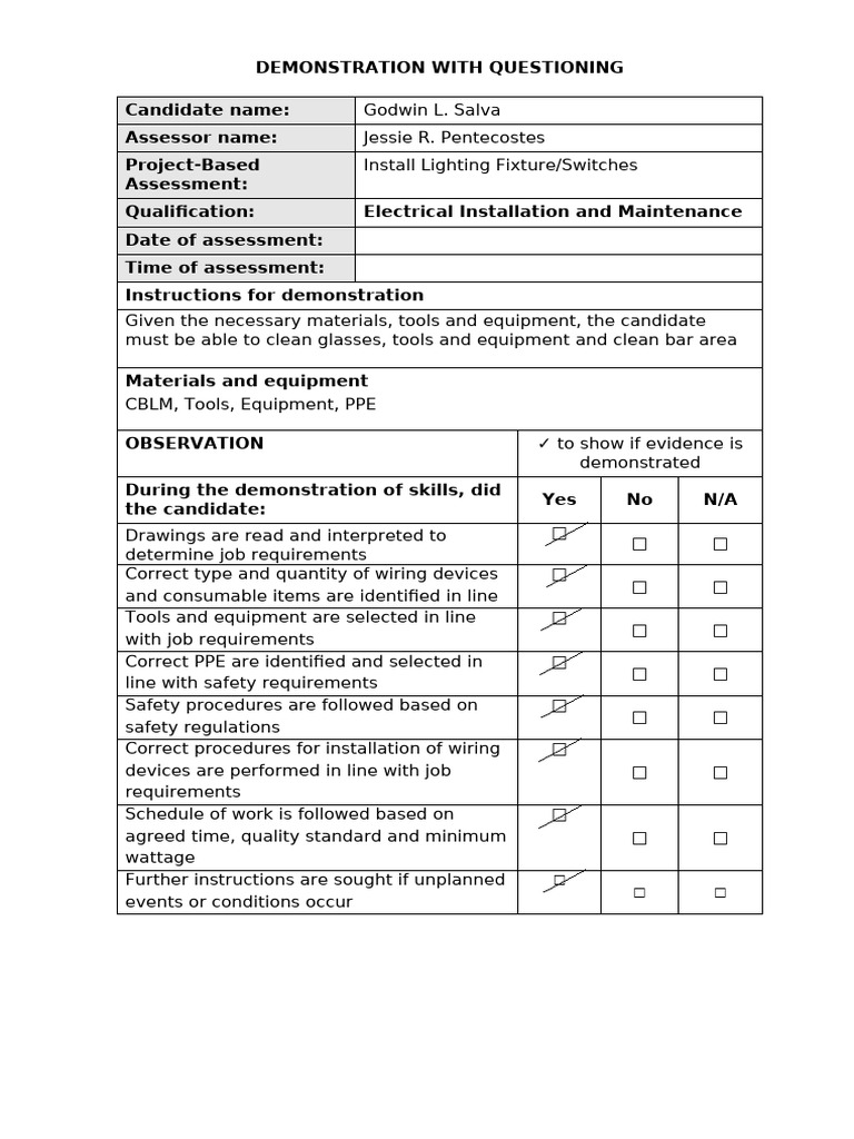 07a - 2 Demonstration With Questioning & Rating Sheet | PDF | Personal Protective Equipment