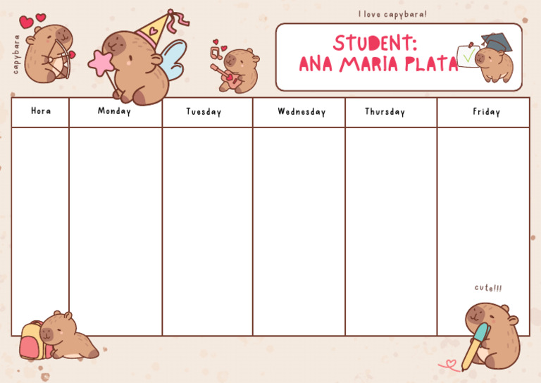 Cute Kawaii Capybara Class Schedule School Timetable A4 | PDF