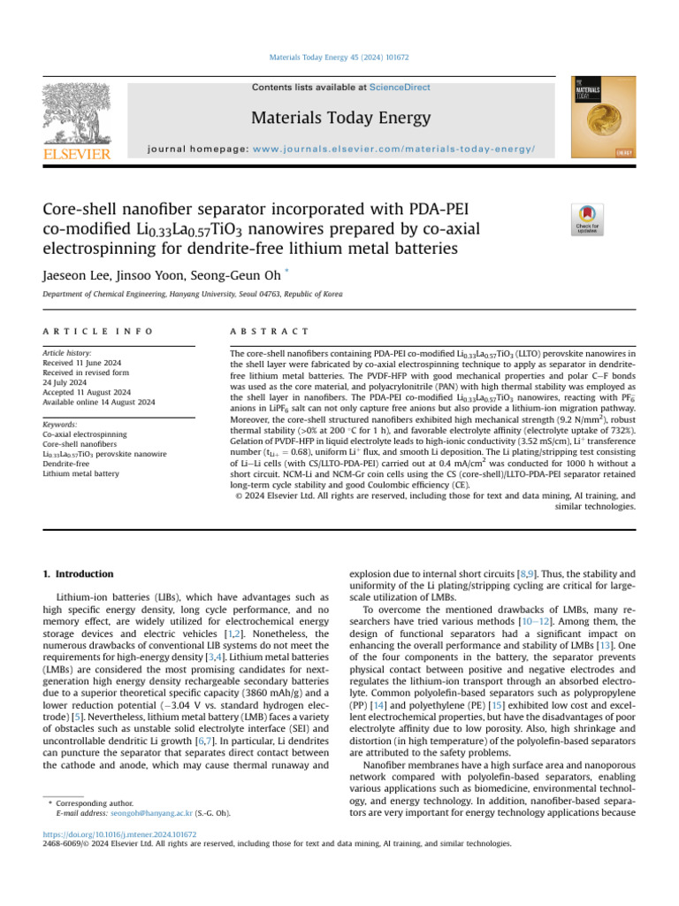 Core-Shell Nanofiber Separator Incorporated With PDA-PEI | PDF ...
