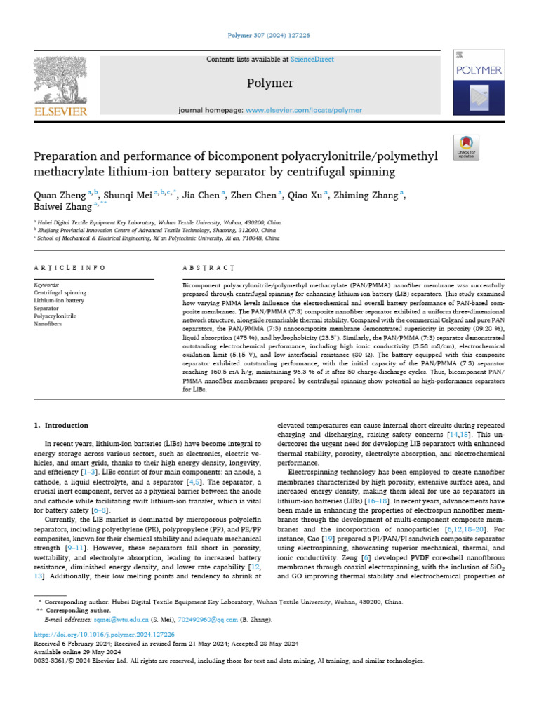 Preparation and Performance of Bicomponent Polyacrylonitrile-Polymethyl ...